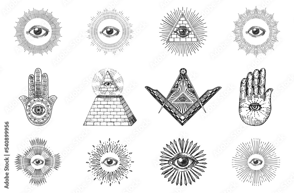 Vetor de Freemasonry symbols set in vector, drawn sketches do Stock ...