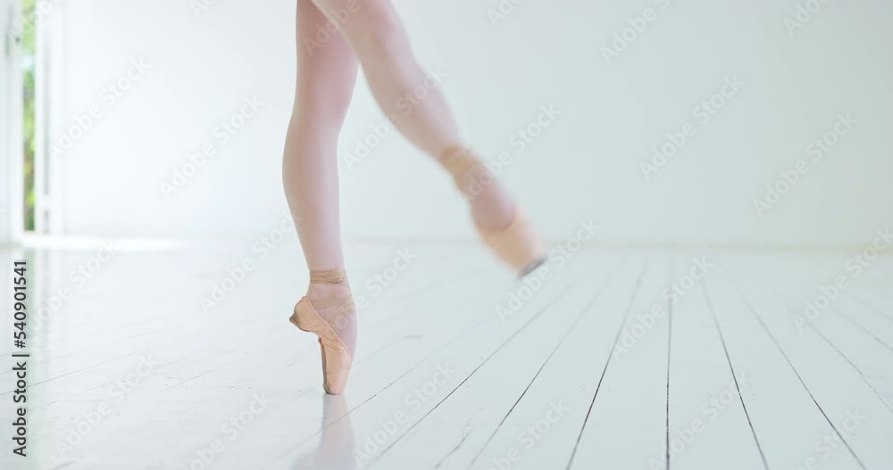 Woman, girl and ballet feet doing training, practice and balance in ...