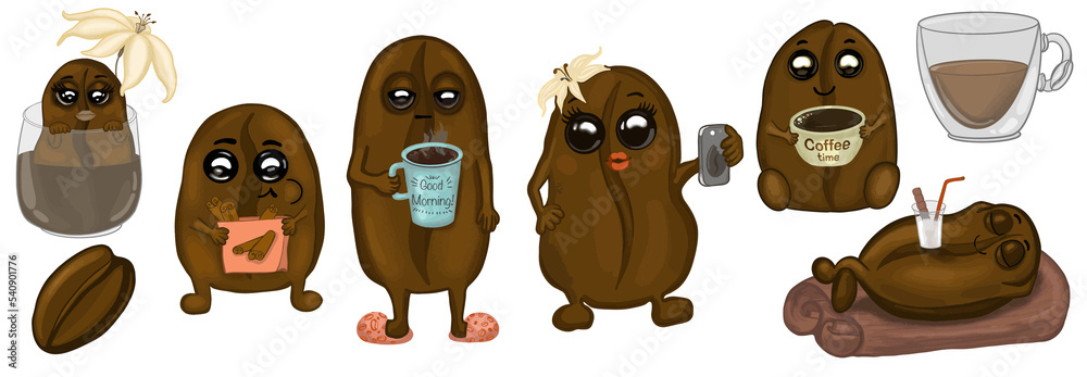 Funny coffee doodle characters collection. Hand drawn kawaii coffee ...