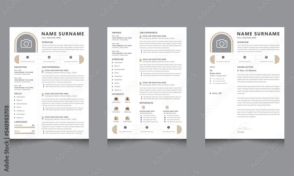 Minimalist Resume / CV template and Cover Letter Layout with Tan ...