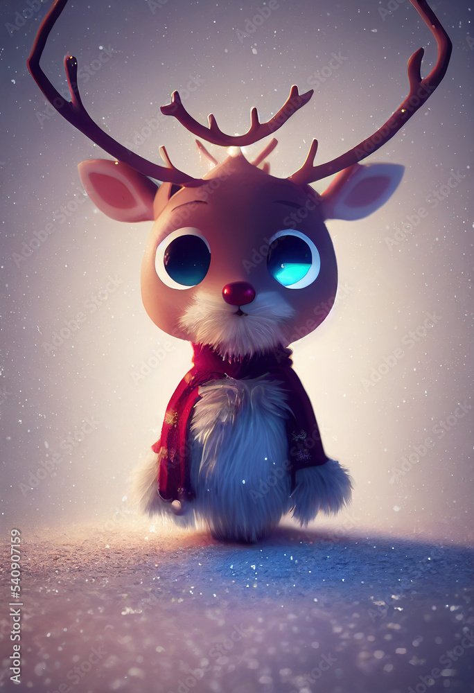 Cute baby Rudolph the reindeer with big blue eyes wearing a red scarf ...