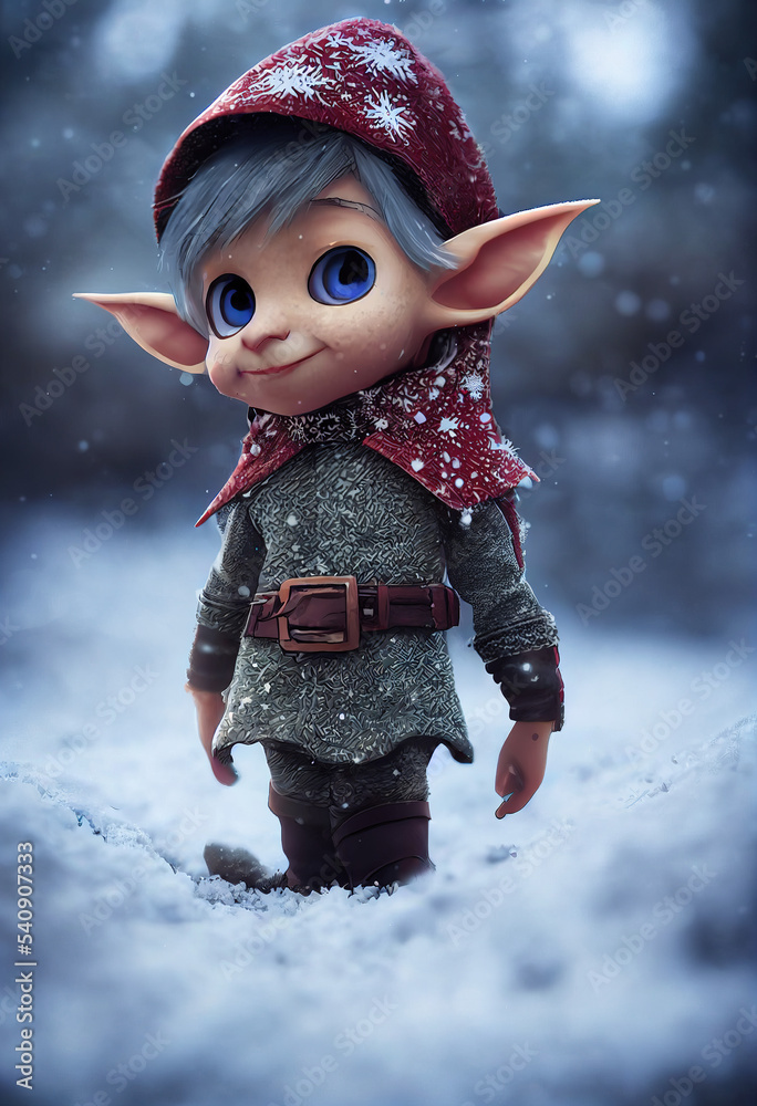 cute elf with big pointy ears wearing a coat and a red scarf, standing ...