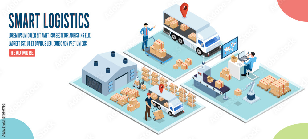 3D isometric Smart logistics concept with Warehouse Logistic, Workers ...