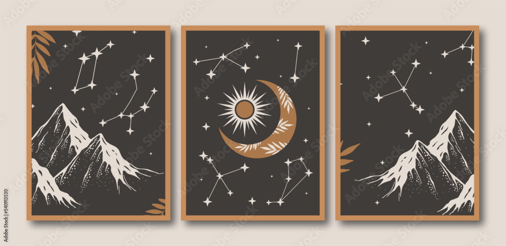 Abstract boho mountain poster collection. Set of contemporary art print ...