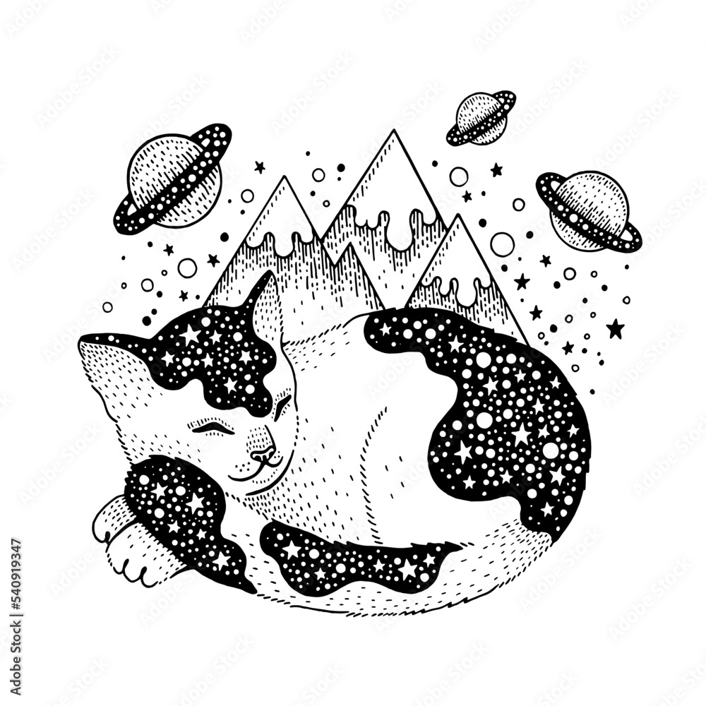 Magic cat with mountain, saturn tattoo. Space art. Esoteric alchemy ...