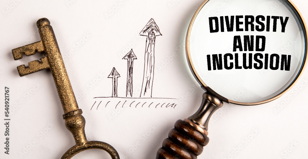 Diversity and Inclusion. Magnifying glass and key on white background ...
