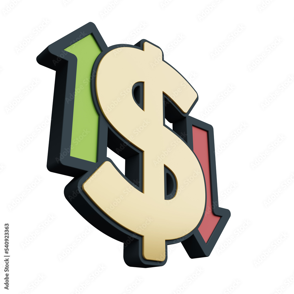 Dollar sign with up and down arrows bottom right view 3d icons render ...