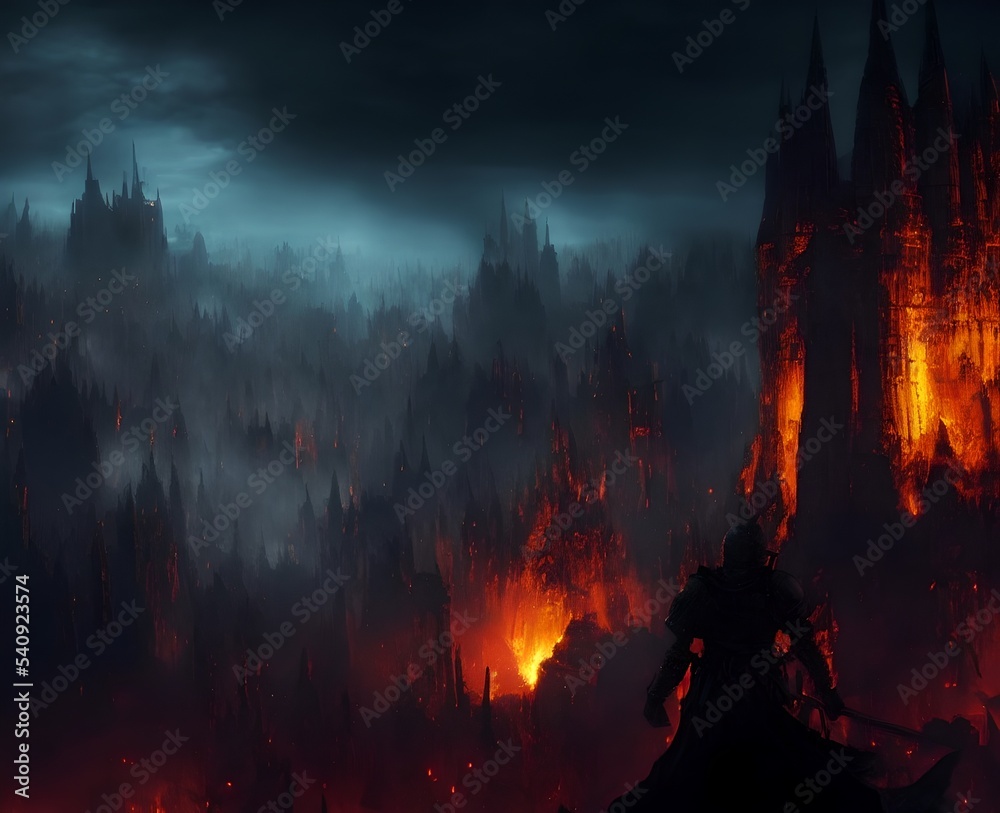 A grotesque medieval city with a huge castle citadel in hell. Fire ...