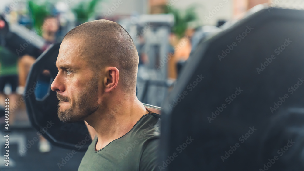 Portrait of focused powerful masculine bald caucasian man with facial ...