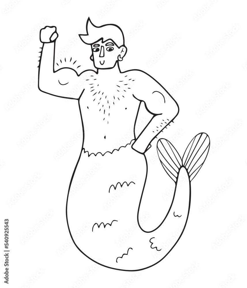 Cute strong merman with hair on his chest showing his muscles. Isolated ...