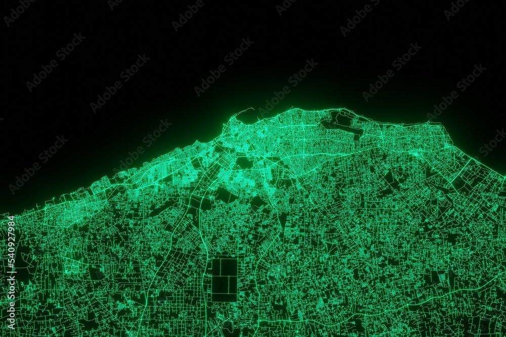 Map of the streets of Tripoli (Libya) made with green illumination and ...