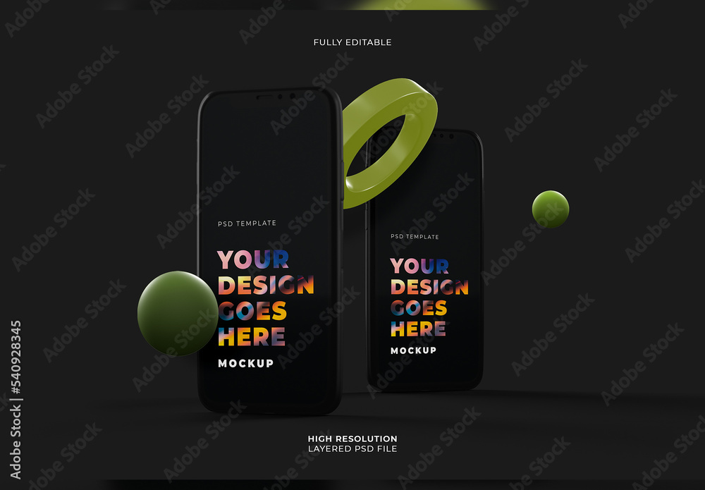 2 Black Smartphones in Vertical Position with 3D Shapes on Dark ...