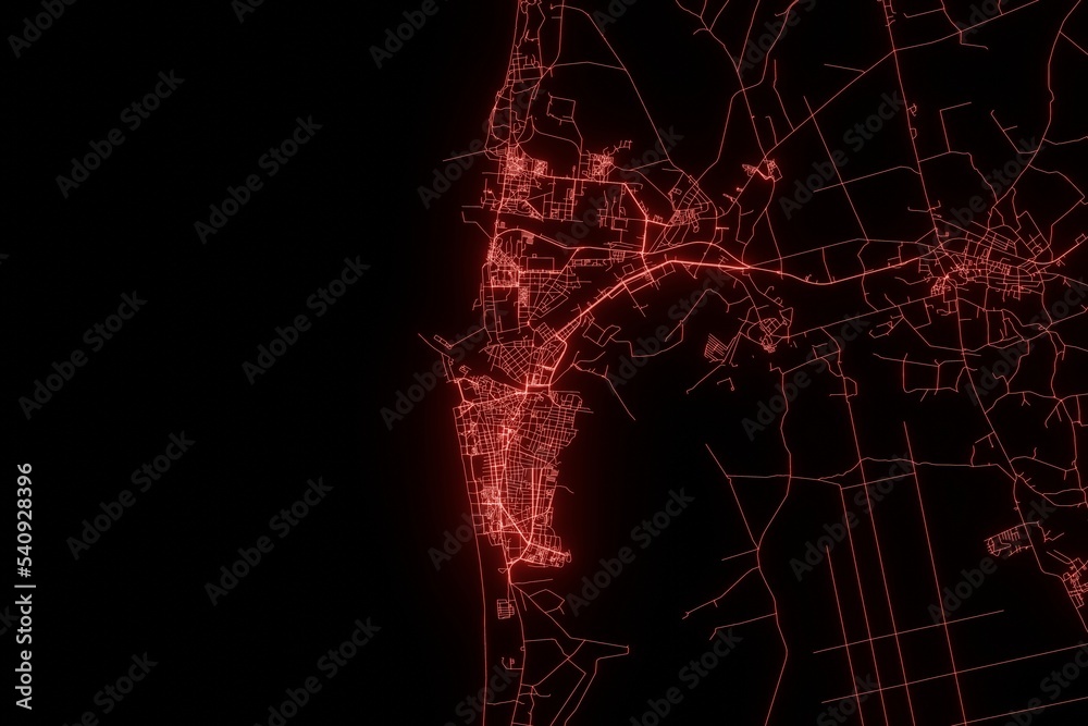 Street map of Liepaja (Latvia) made with red illumination and glow ...