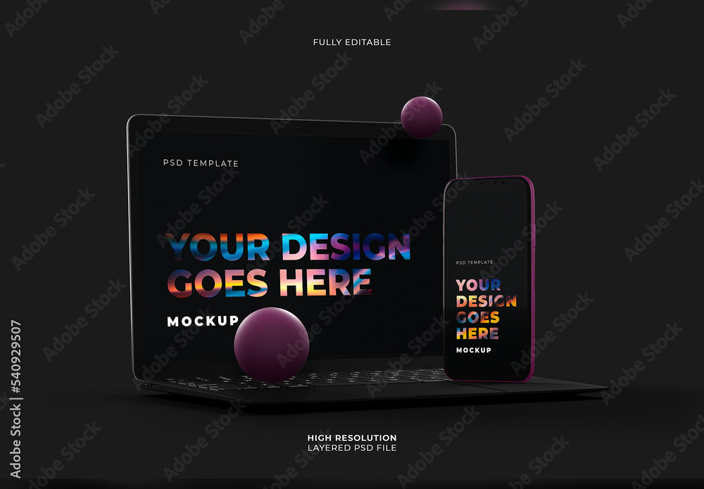 Black Laptop Computer with Smartphone on Dark Background Stock Template | Adobe Stock