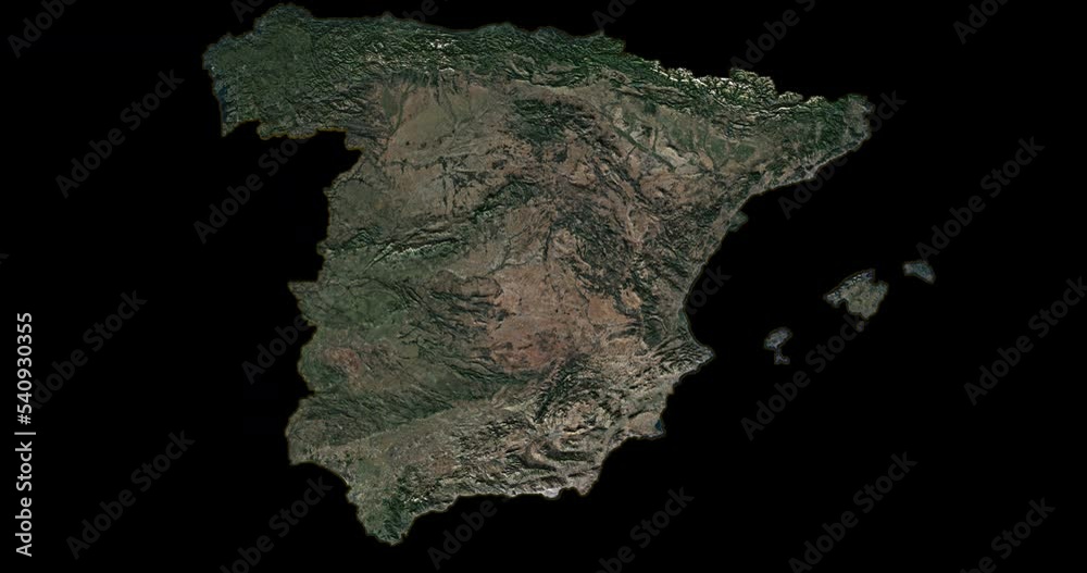 Spain south to north map with 3d relief 4K satellite ground top height ...