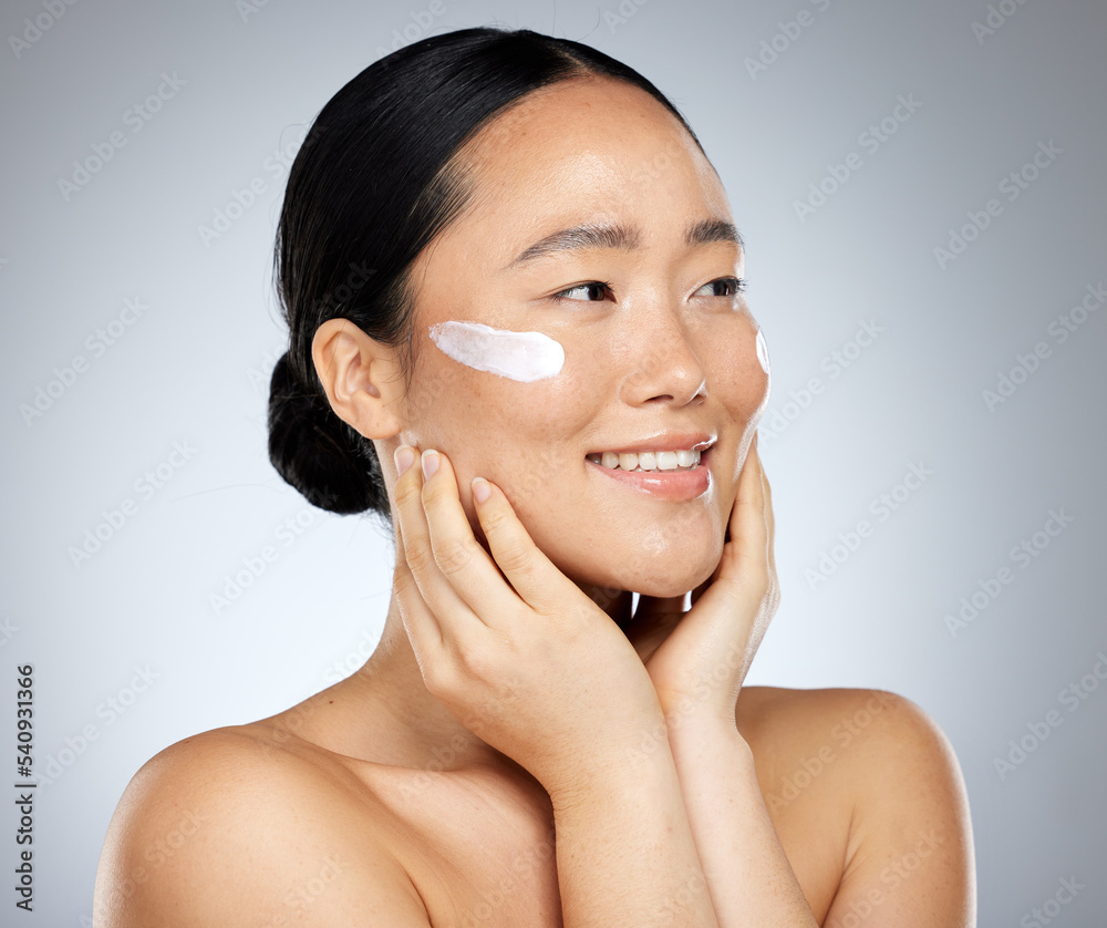 Asian woman, skincare cream and face makeup, sunscreen beauty product ...