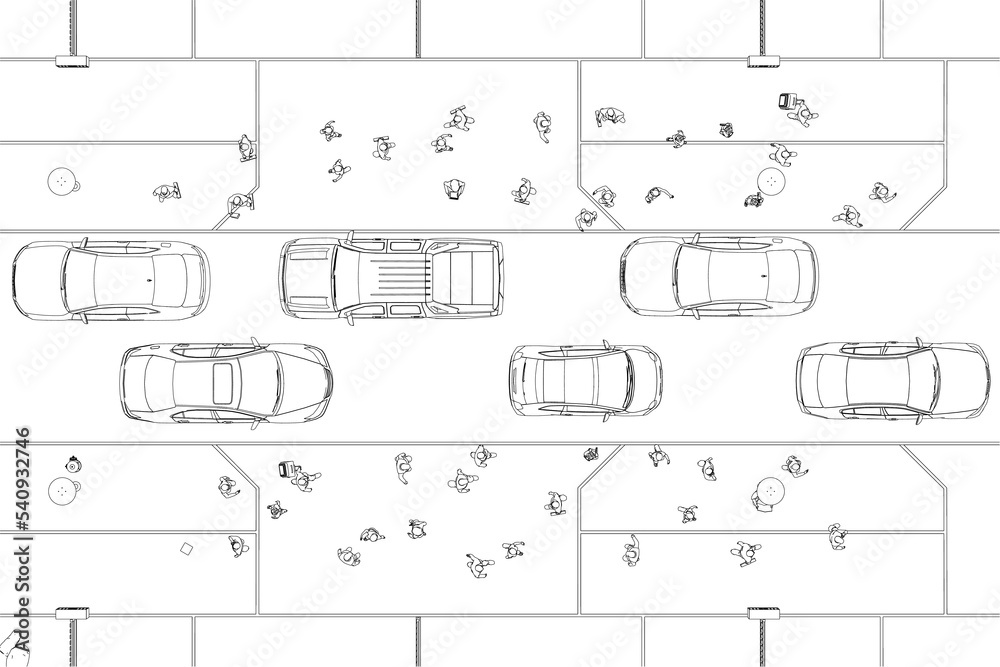 Outline of a busy street with people and cars from black lines isolated ...