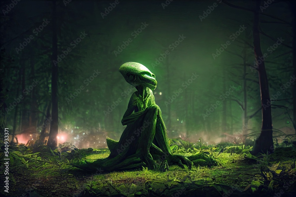 Extraterrestrial life and alien creature in woods at night. Visitor ...