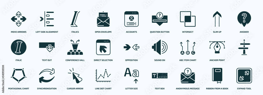 flat filled user interface icons set. glyph icons such as move arrows ...