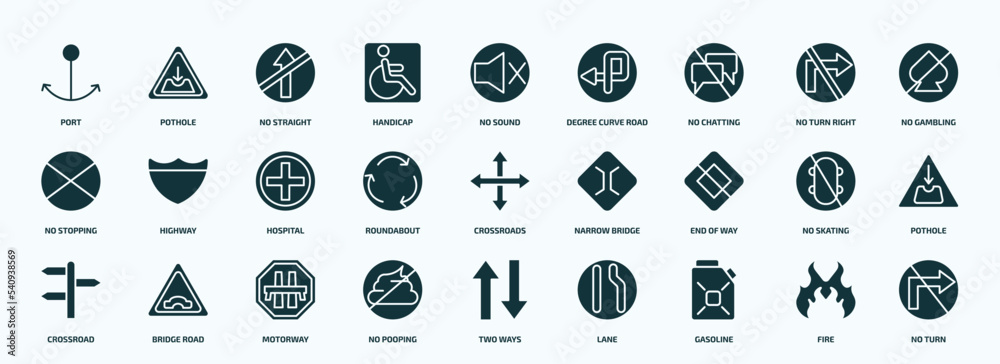 flat filled traffic signs icons set. glyph icons such as port, handicap ...