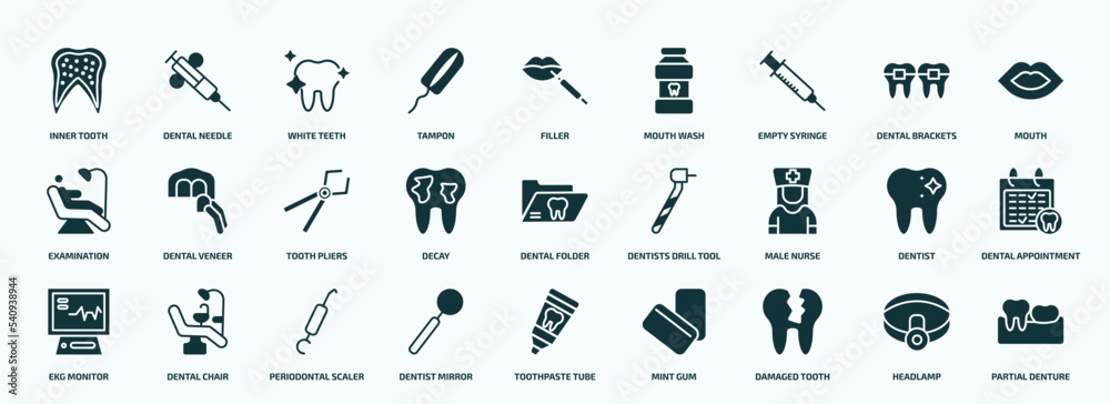 flat filled dentist icons set. glyph icons such as inner tooth, tampon ...