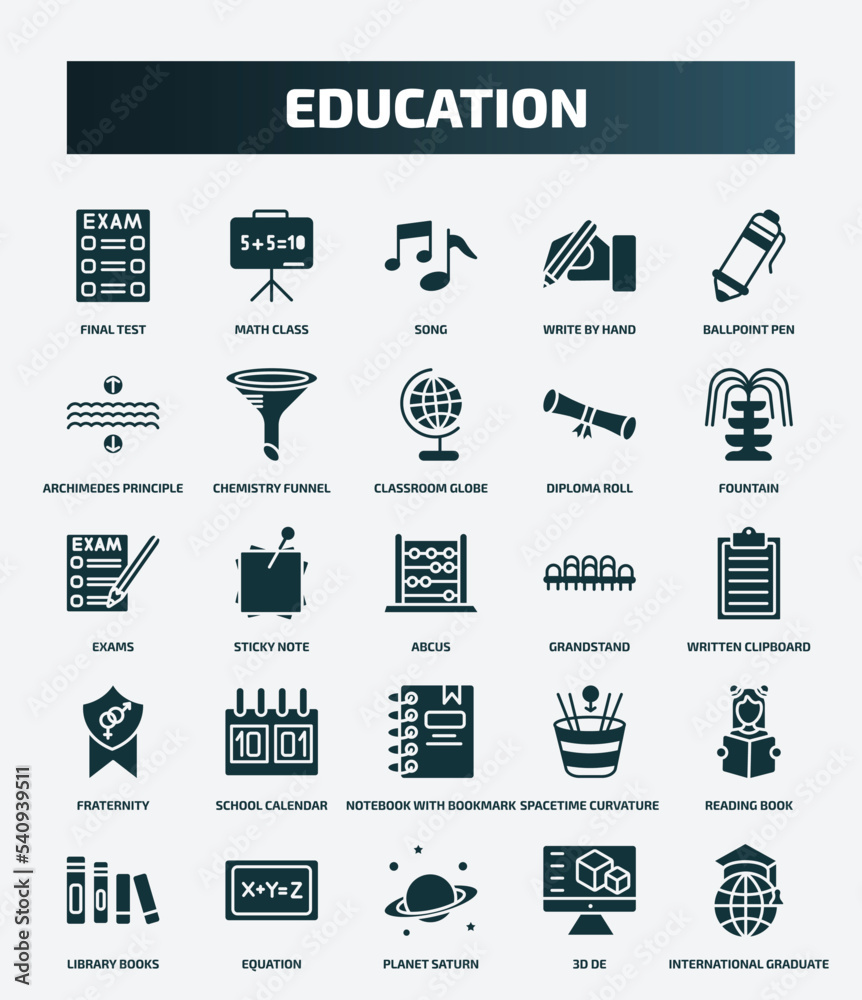 set of 25 filled education icons. flat filled icons such as final test ...