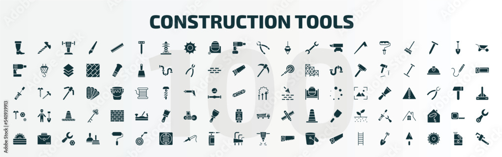 set of 100 construction tools filled icons set. flat icons such as ...