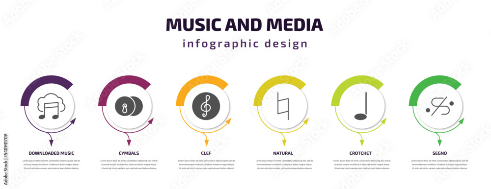 music and media infographic template with icons and 6 step or option ...