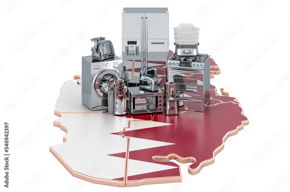 Kitchen and household appliance on the map of Qatar. Production ...