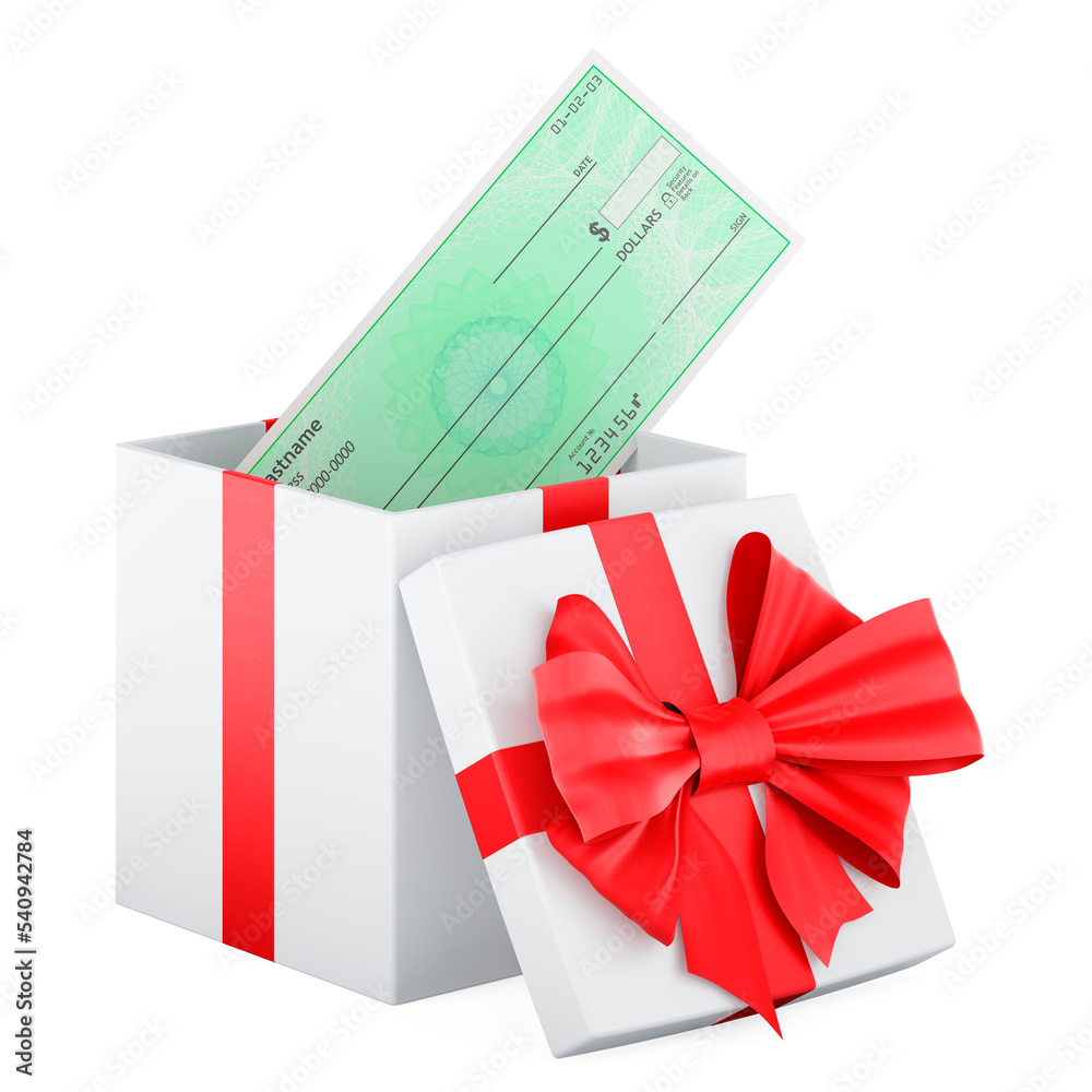 Bank cheque inside gift box, gift concept. 3D rendering Stock ...