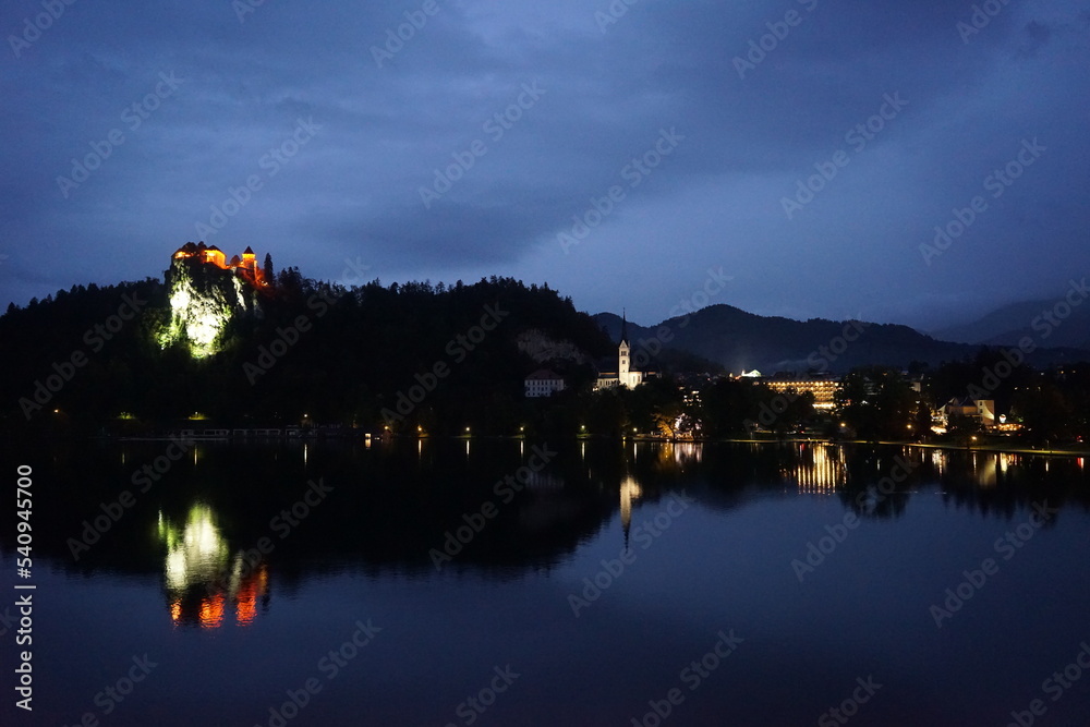 BLED lakeside night view, BLED castle and Cerkev Marijinega Vnebovzetja ...