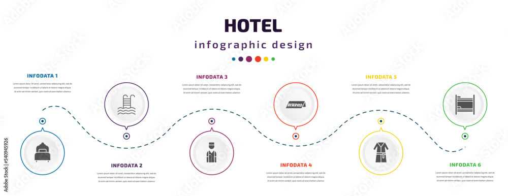 hotel infographic element with icons and 6 step or option. hotel icons ...