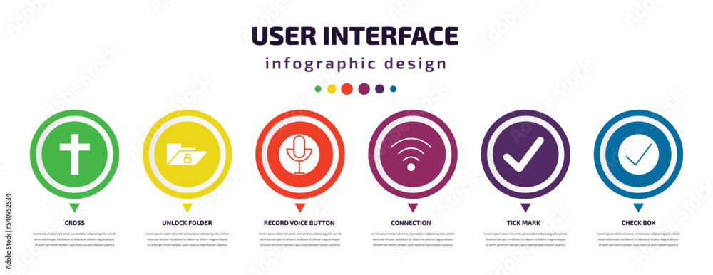 user interface infographic element with icons and 6 step or option. user interface icons such as ...