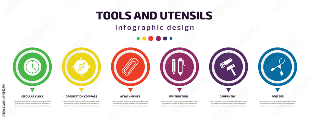tools and utensils infographic element with icons and 6 step or option ...