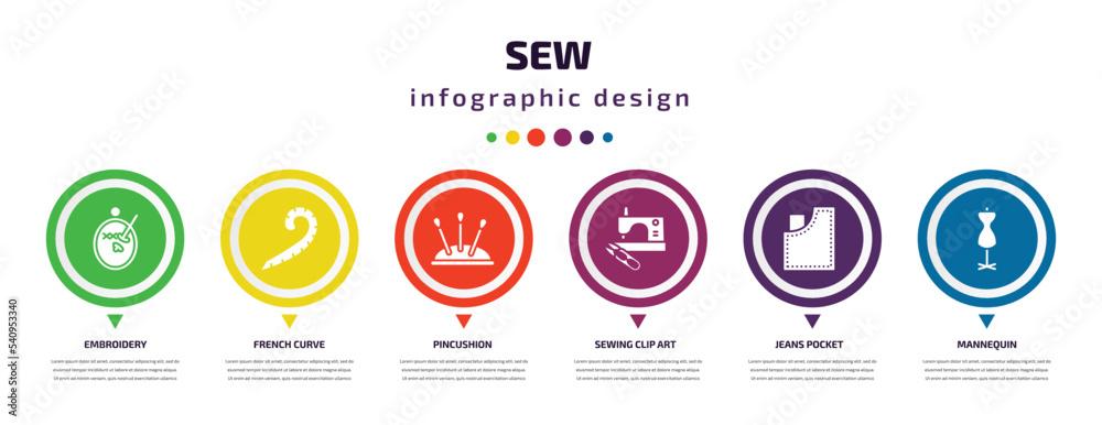 sew infographic element with icons and 6 step or option. sew icons such ...