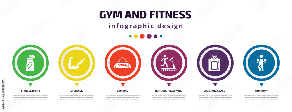 gym and fitness infographic element with icons and 6 step or option ...