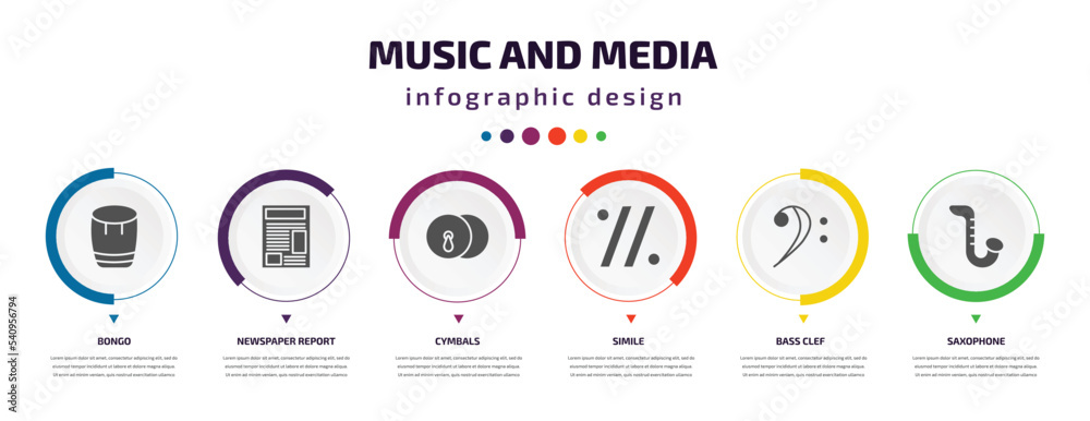 music and media infographic element with icons and 6 step or option ...