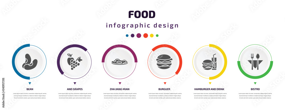 food infographic element with icons and 6 step or option. food icons ...