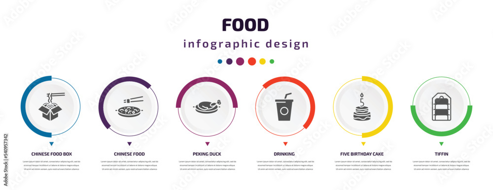 food infographic element with icons and 6 step or option. food icons ...