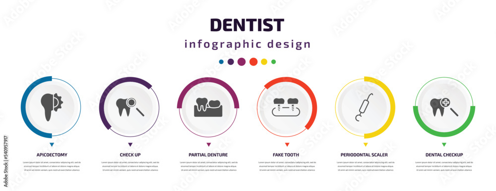 dentist infographic element with icons and 6 step or option. dentist ...