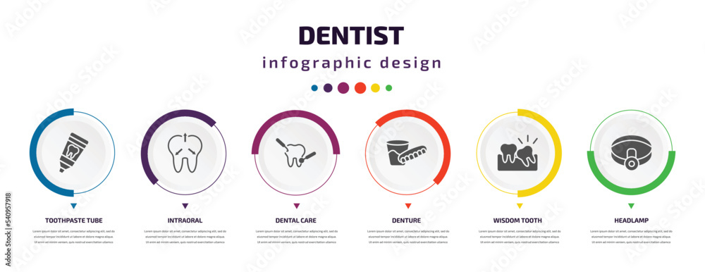 dentist infographic element with icons and 6 step or option. dentist ...