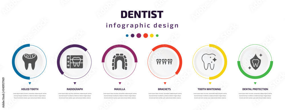 dentist infographic element with icons and 6 step or option. dentist ...