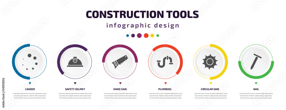 construction tools infographic element with icons and 6 step or option ...