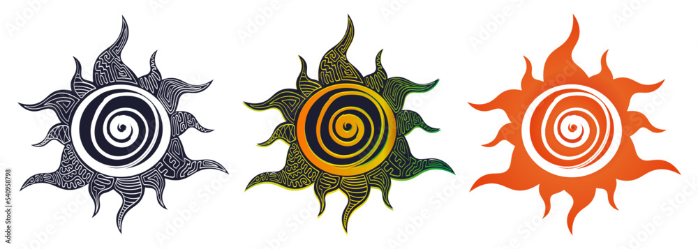 Tribal grunge sun set. Colorful trendy vector set. Hand drawn ...