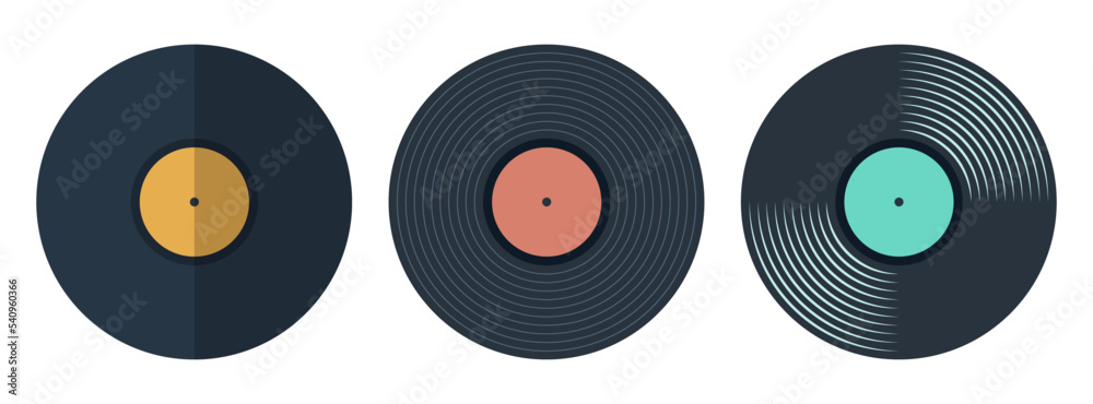 Vinyl icons. Vector vinyl record disc set. Vector color illustration. The view from the top ...