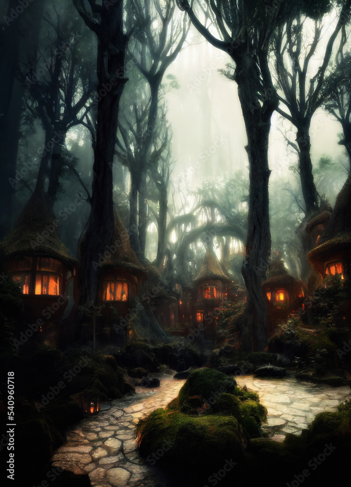 Houses of mysterious creatures living in fantasy forest, digital ...