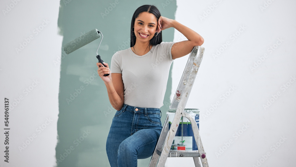 Paint, wall and woman with color choice in portrait for home renovation ...