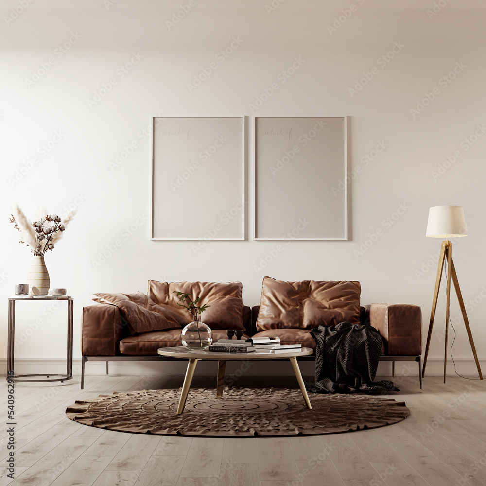 Picture frame interior set in empty room with sofa, lamp and center ...