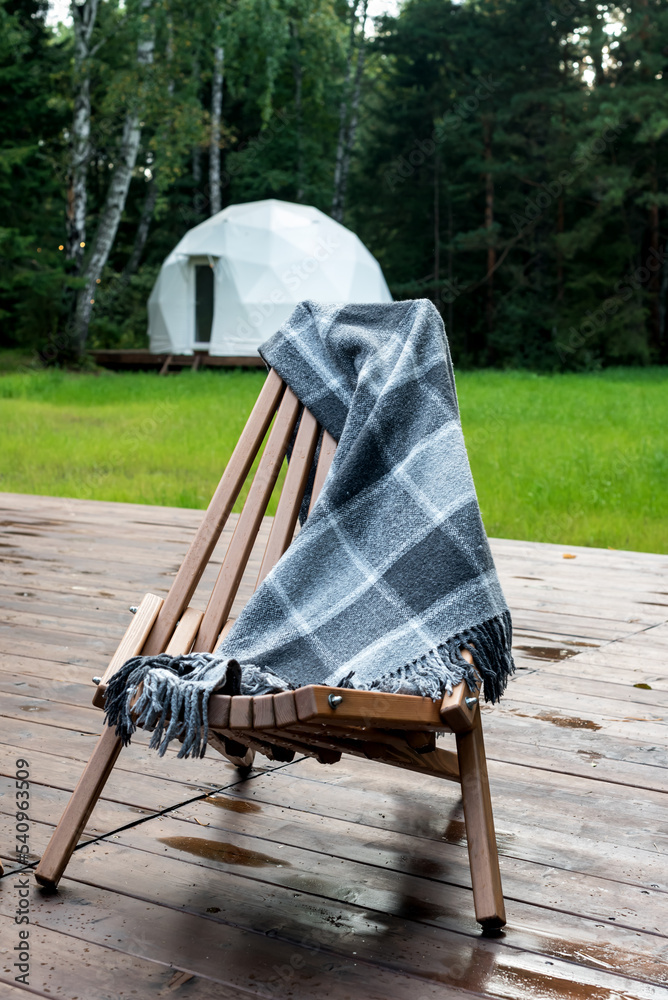 Wooden Chair with Woolen Blanket and Glamping Tent Outdoor Wooden Chair ...