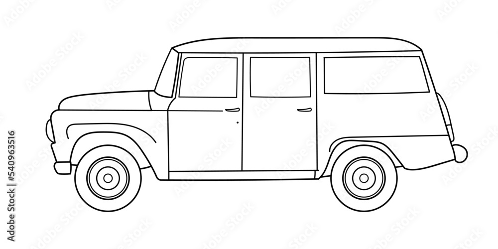 Classic crossover vintage suv car on white background. Cartoon outline ...